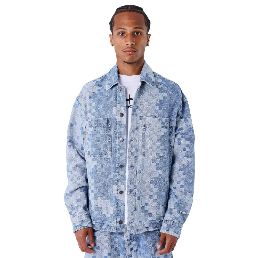Pixelated Checkered Denim Jacket Blue - Urban Jungle